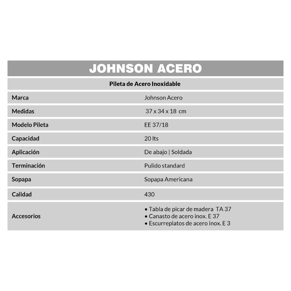 Combo Pileta Bacha Simple Cocina Johnson EE37/18 TA34 Combo Pileta Bacha Simple Cocina Johnson EE37/18 TA34